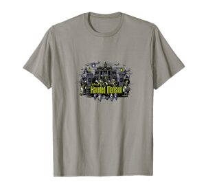 the haunted mansion iconic ghosts in front of mansion shot t-shirt