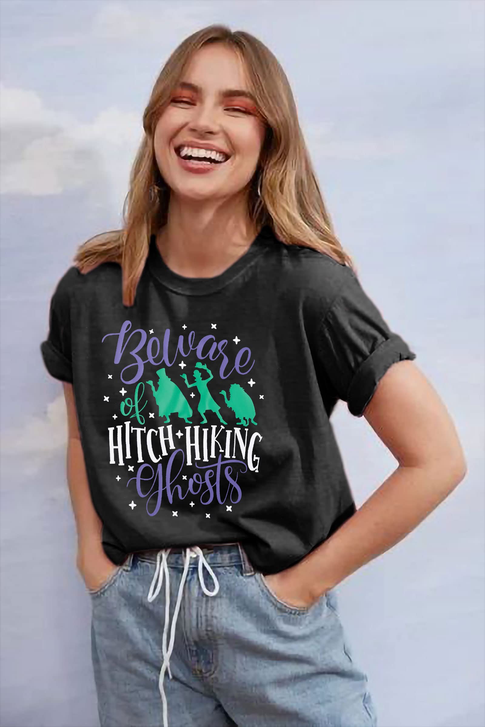 Beware of Hitch Hiking Ghost Shirt Women Funny Halloween Shirt Haunted Shirt Ghost T-Shirt Short Sleeve Shirt Gray