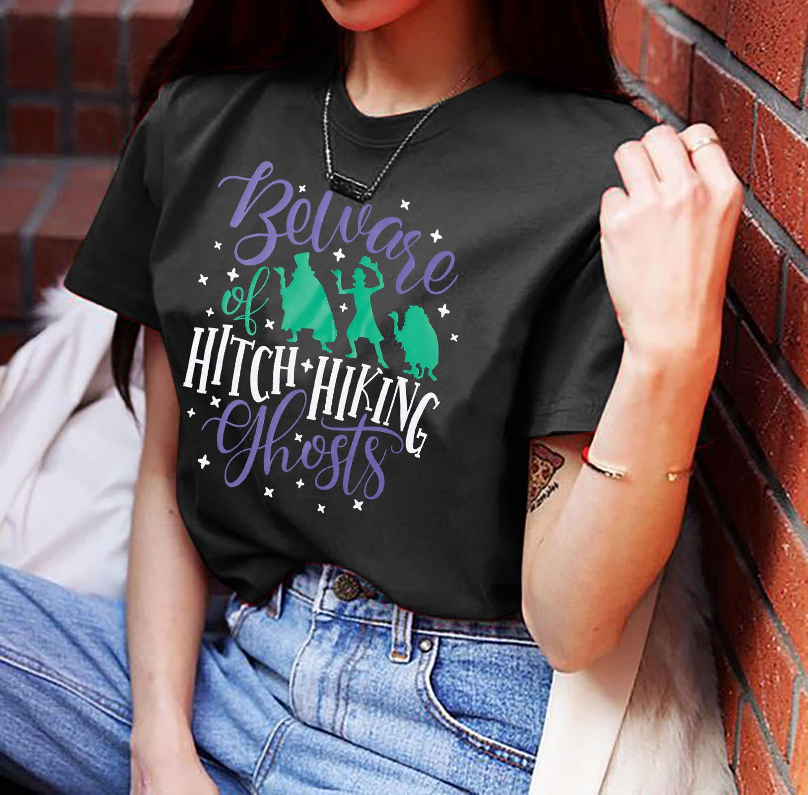 Beware of Hitch Hiking Ghost Shirt Women Funny Halloween Shirt Haunted Shirt Ghost T-Shirt Short Sleeve Shirt Gray