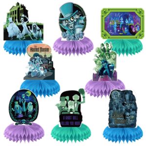 haunted mansion party decorations honeycomb centerpiece, 8 pieces halloween horror theme 3d double side cake toppers table centerpieces, haunted mansion photo backdrop for kids birthday party