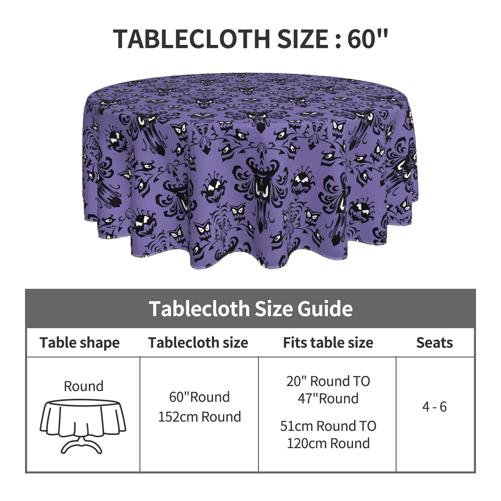 TEDISMC Haunted Mansion Round Tablecloth 60 Inch Washable Polyester Table Cloth Water Resistant Spill Proof Table Cover Mat for Dining Kitchen Home Party Wedding Decoration, Black, One Size