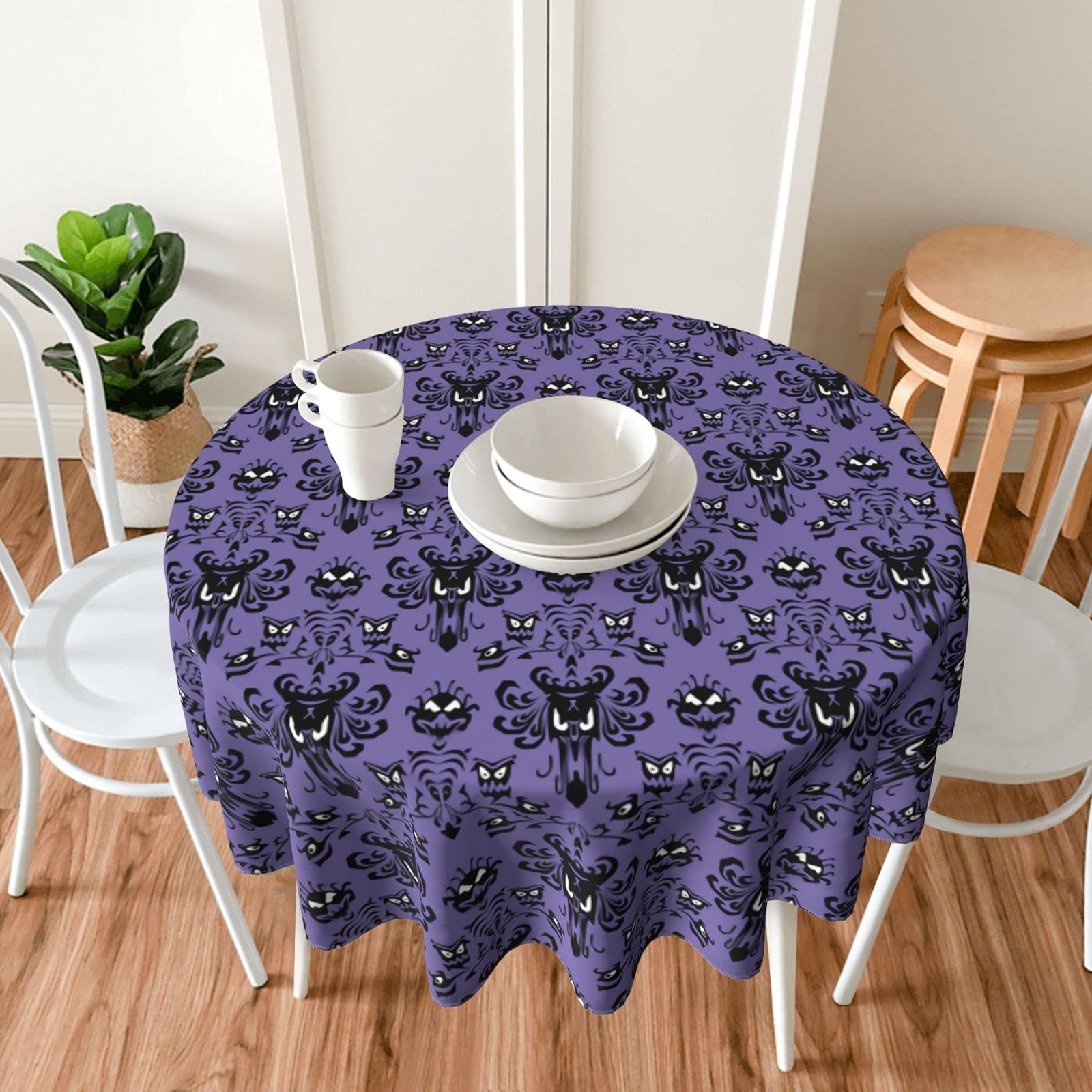 TEDISMC Haunted Mansion Round Tablecloth 60 Inch Washable Polyester Table Cloth Water Resistant Spill Proof Table Cover Mat for Dining Kitchen Home Party Wedding Decoration, Black, One Size