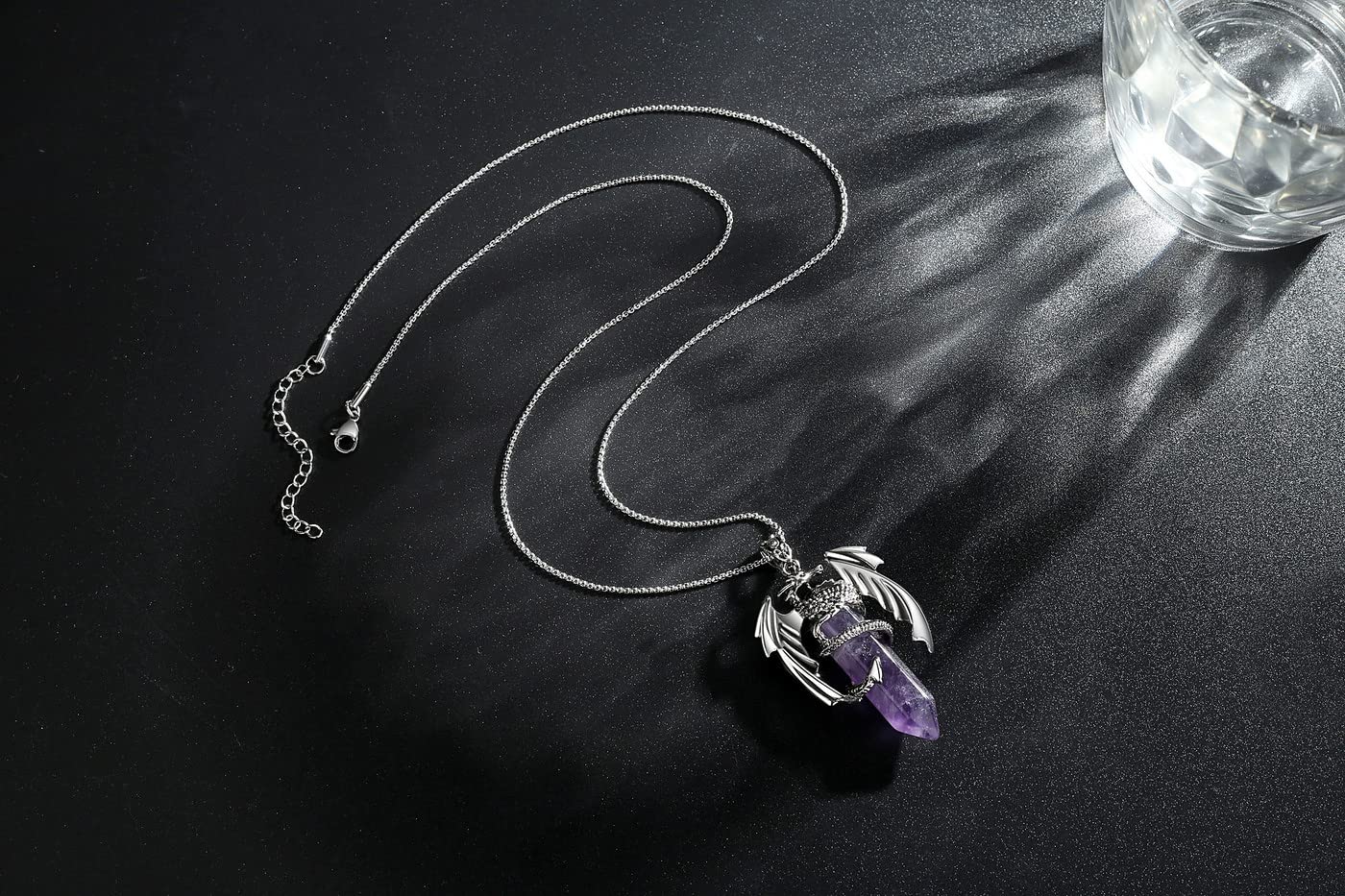 XIANNVXI Crystal Healing Stone Necklace for Men Women Amethyst Vintage Dragon Necklace Cool Simple Retro Natural Reiki Spirtural Witch Gemstone Pendant Jewelry