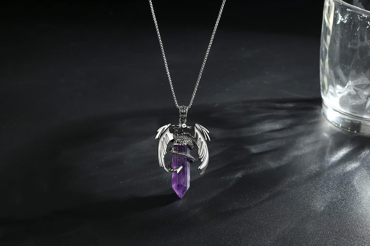 XIANNVXI Crystal Healing Stone Necklace for Men Women Amethyst Vintage Dragon Necklace Cool Simple Retro Natural Reiki Spirtural Witch Gemstone Pendant Jewelry