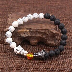 tqyzkh Bead Bracelets for Men and Women Natural Black Lava & White Howlite Buddha Dragon Beaded Stone Bracelet Good Luck Charm Jewelry Gift Adjustable