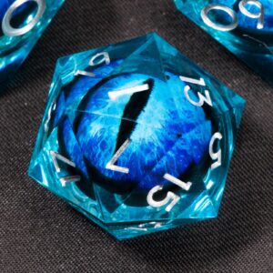 oukelanwo liquid core dragon eye d&d dice with gift box, 7 piece dungeons and dragons polyhedral dnd dice set, floating blue sharp edge rpg d and d role playing dice d20 d12 d10 d8 d6 d4