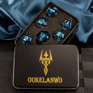 OUKELANWO Liquid Core Dragon Eye D&D Dice with Gift Box, 7 Piece Dungeons and Dragons Polyhedral DND Dice Set, Floating Blue Sharp Edge RPG D and D Role Playing Dice D20 D12 D10 D8 D6 D4