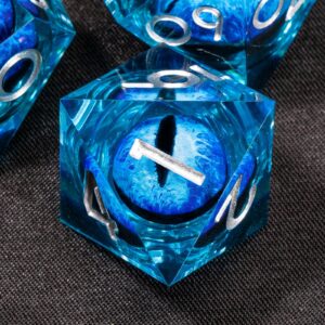 OUKELANWO Liquid Core Dragon Eye D&D Dice with Gift Box, 7 Piece Dungeons and Dragons Polyhedral DND Dice Set, Floating Blue Sharp Edge RPG D and D Role Playing Dice D20 D12 D10 D8 D6 D4