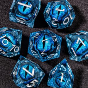 OUKELANWO Liquid Core Dragon Eye D&D Dice with Gift Box, 7 Piece Dungeons and Dragons Polyhedral DND Dice Set, Floating Blue Sharp Edge RPG D and D Role Playing Dice D20 D12 D10 D8 D6 D4