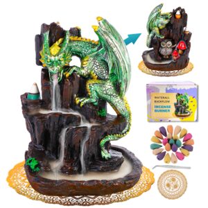 zvaiuk dragon backflow 2 sided mountain waterfall incense burner,fountain smoke incense holder with 100 backflow incense cones, tweezers, mat，resin aromatherapy meditation decor