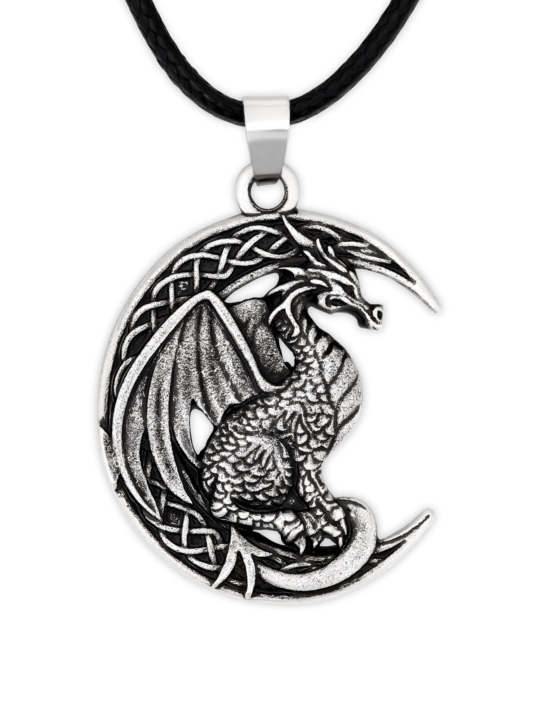 HAQUIL Dragon Necklace for Men, Celtic Dragon on Crescent Moon Pendant, Faux Leather Cord, Dragon Jewelry Gift