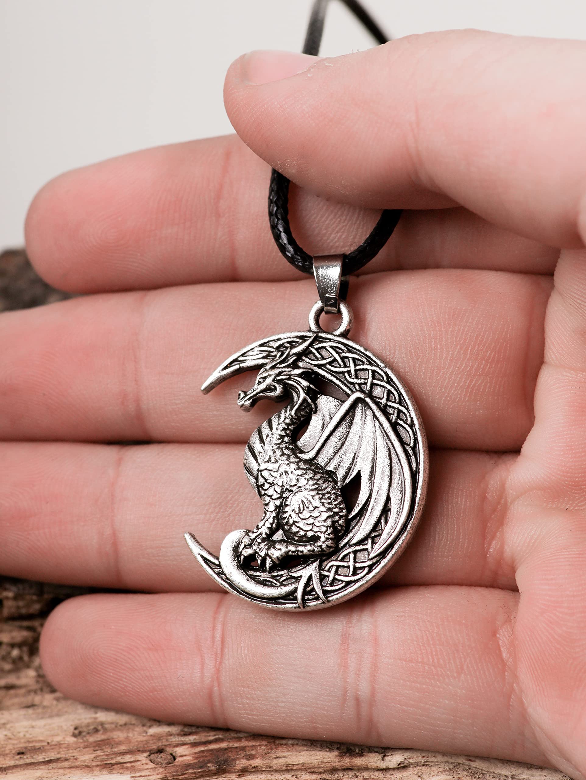 HAQUIL Dragon Necklace for Men, Celtic Dragon on Crescent Moon Pendant, Faux Leather Cord, Dragon Jewelry Gift