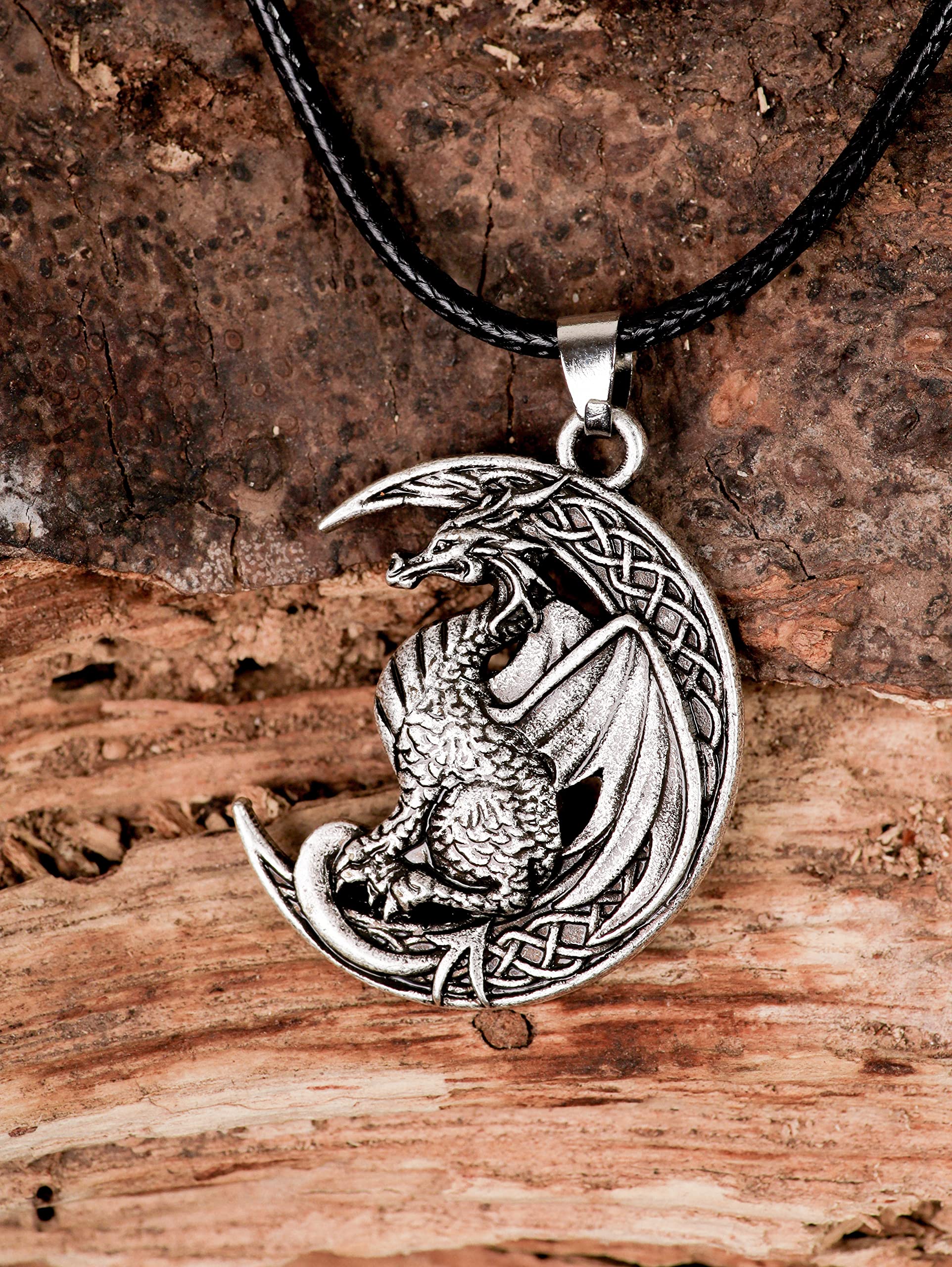 HAQUIL Dragon Necklace for Men, Celtic Dragon on Crescent Moon Pendant, Faux Leather Cord, Dragon Jewelry Gift