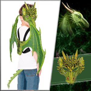 Halloween Dragon Costume Wing Dinosaur Tail Mask Dragon Cosplay Dinosaur Costume Set for Kids Children (Green)