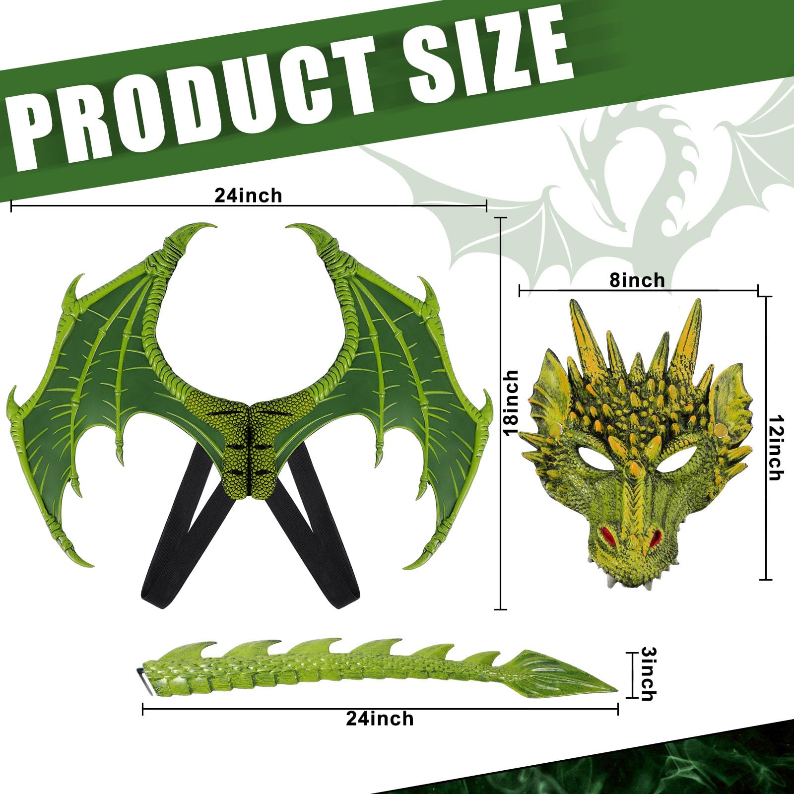 Halloween Dragon Costume Wing Dinosaur Tail Mask Dragon Cosplay Dinosaur Costume Set for Kids Children (Green)