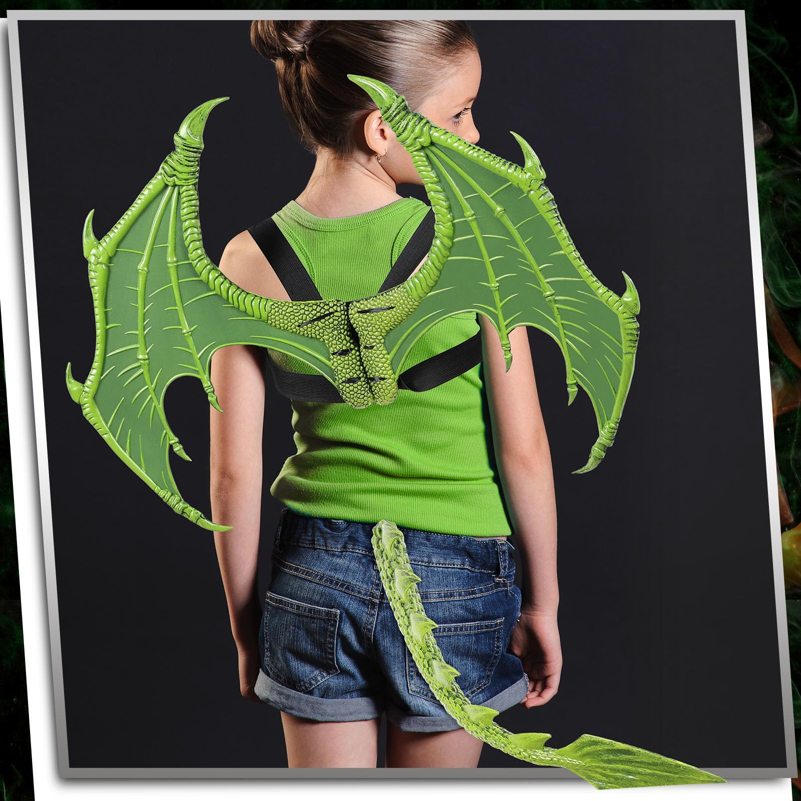 Halloween Dragon Costume Wing Dinosaur Tail Mask Dragon Cosplay Dinosaur Costume Set for Kids Children (Green)