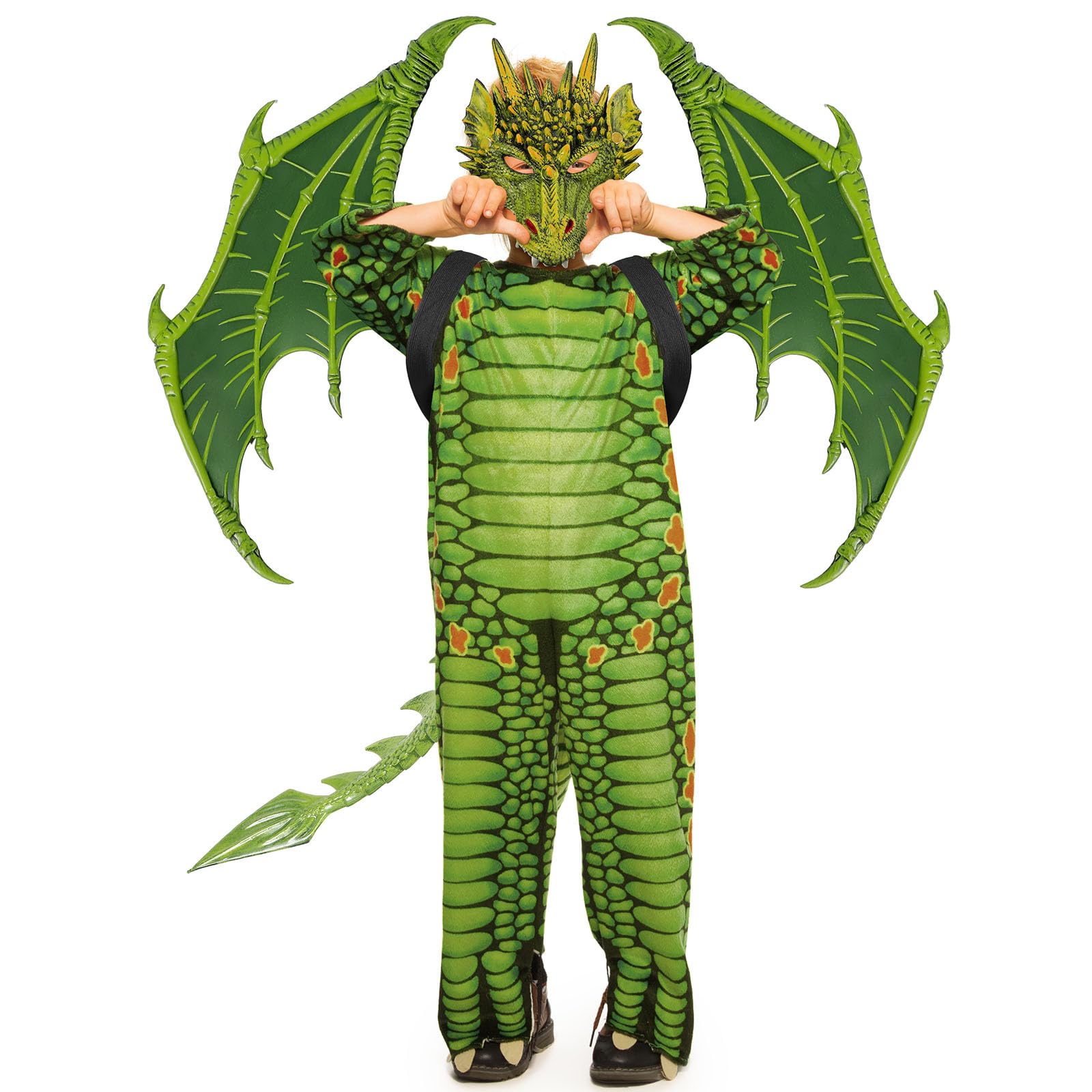 Halloween Dragon Costume Wing Dinosaur Tail Mask Dragon Cosplay Dinosaur Costume Set for Kids Children (Green)