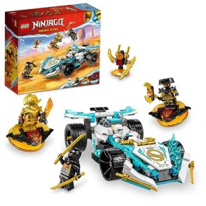 lego ninjago zane’s dragon power spinjitzu race car 71791 building toy set, features a ninja car, 2 hover flyers, dragon toy, and 4 minifigures, gift for kids aged 7+