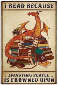 vintage metal plaque dragon books i read metal wall plaque decor lovers gift outdoor indoor wall panel retro vintage mural 8x12 inch