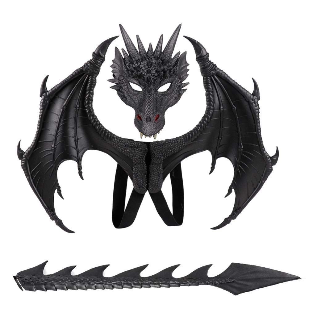 Yinrunx Dragon Cosplay Costumes,Props Wing And Tail Children's Halloween Dress Up Clothes Party Decorations Set (Black Dragon Costume)