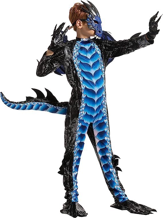 Spooktacular Creations Halloween Kids Boys Black and Blue Dragon costume, Dragon Wings and Mask for Halloween Parties, Cosplay-S(5-7yr)