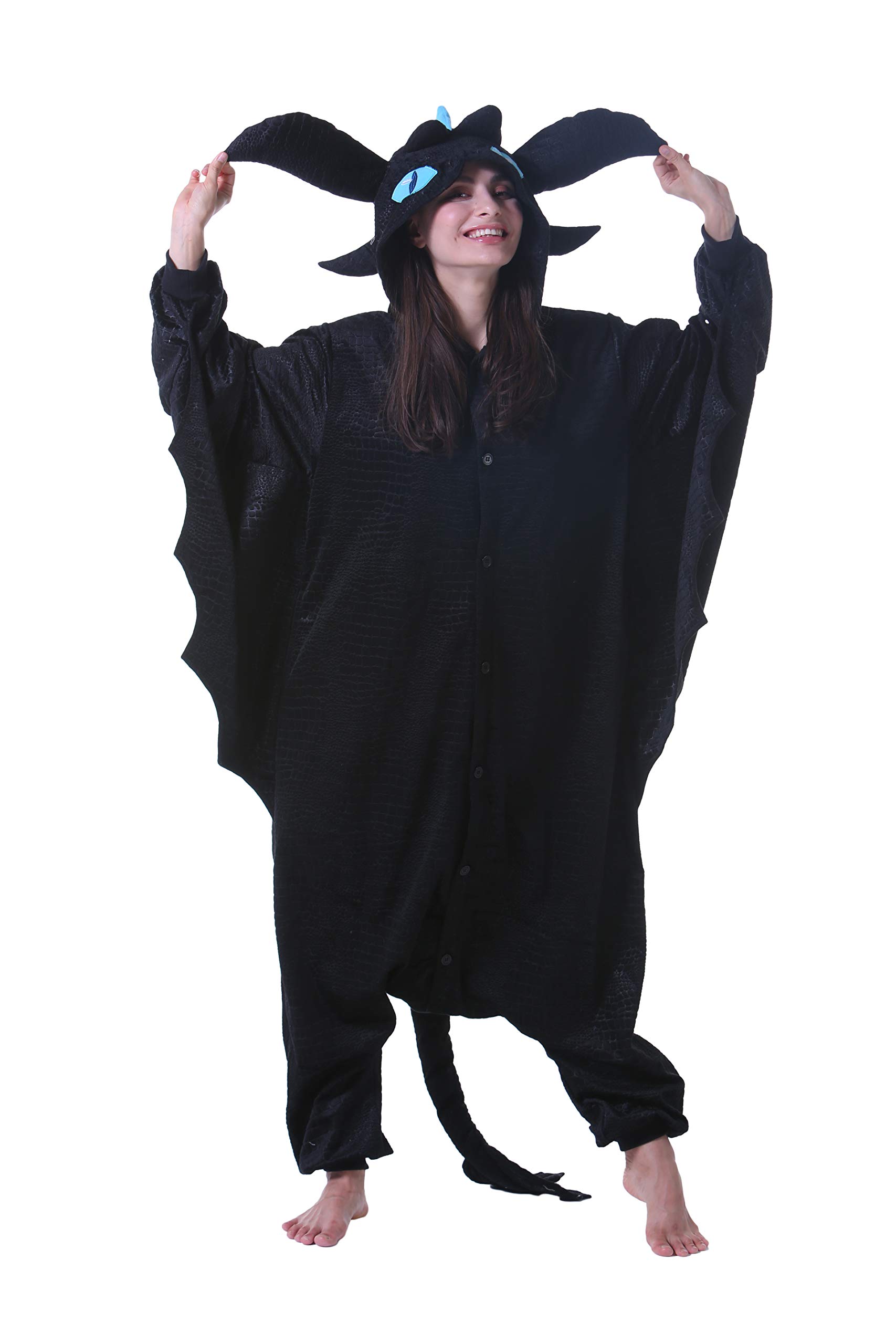 DarkCom Unisex Adult Animal Halloween Costume Cosplay Black Dragon Onesie One Piece Christmas Pajamas Sleepwear X-Large