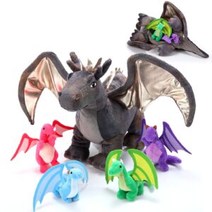 hydren 5 pcs dragon plush stuffed animal 16 inch giant mommy dragon plush with 4 pcs babies dragons in zippered belly for kids birthday children's day gifts dragon plush toy classroom prizes