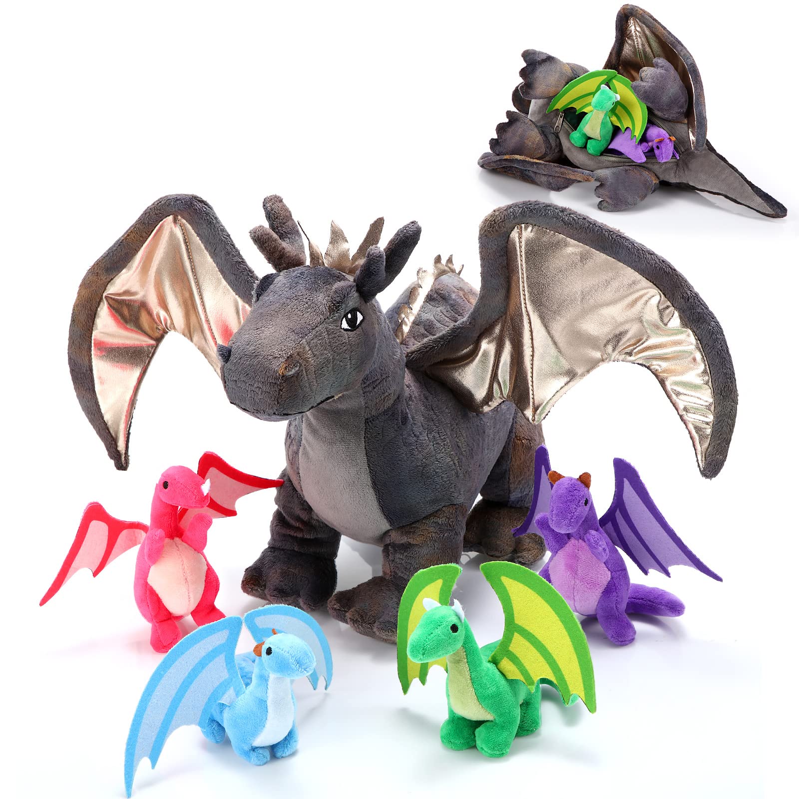 HyDren 5 Pcs Dragon Plush Stuffed Animal 16 Inch Giant Mommy Dragon Plush with 4 Pcs Babies Dragons in Zippered Belly for Kids Birthday Children's Day Gifts Dragon Plush Toy Classroom Prizes