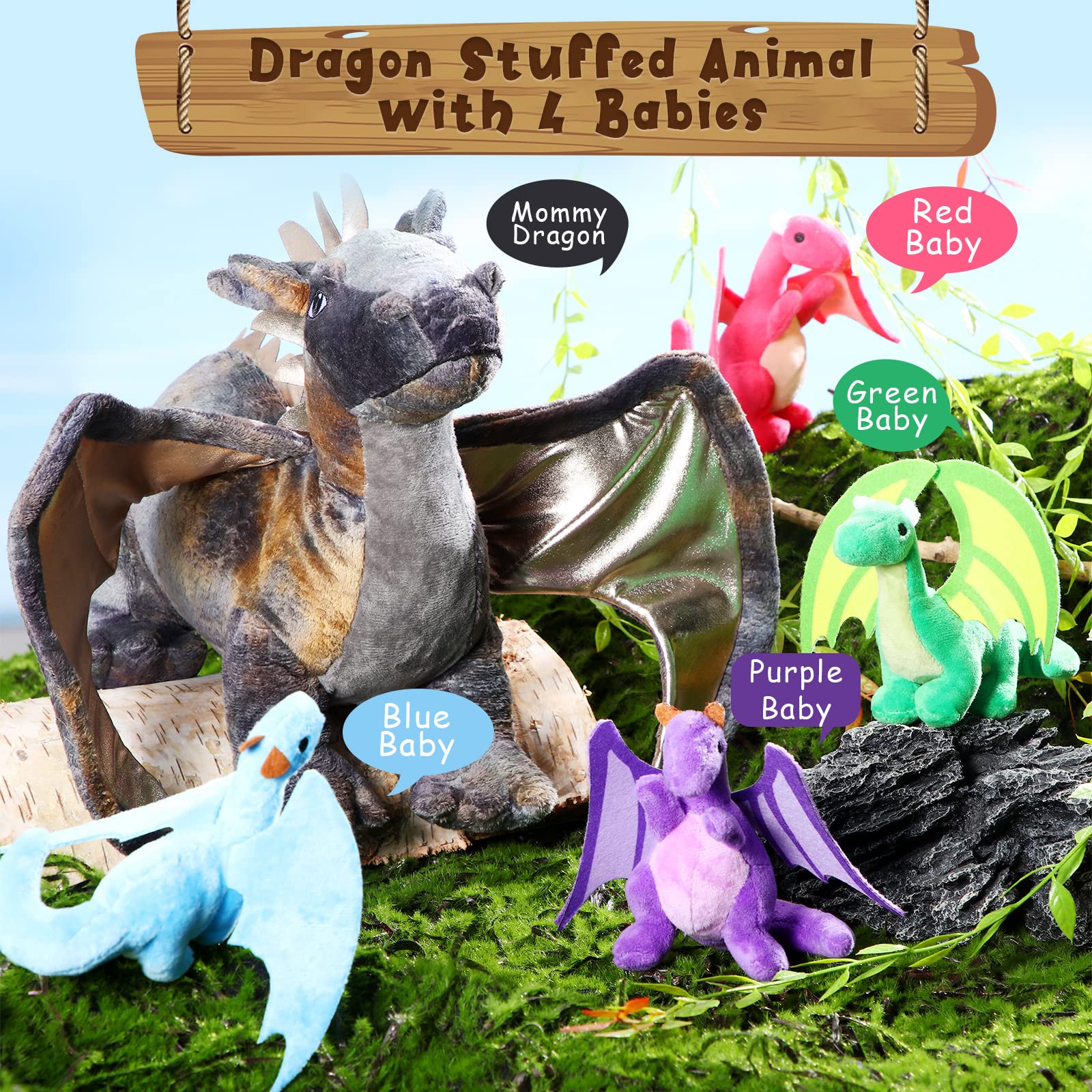 HyDren 5 Pcs Dragon Plush Stuffed Animal 16 Inch Giant Mommy Dragon Plush with 4 Pcs Babies Dragons in Zippered Belly for Kids Birthday Children's Day Gifts Dragon Plush Toy Classroom Prizes