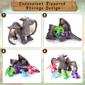 HyDren 5 Pcs Dragon Plush Stuffed Animal 16 Inch Giant Mommy Dragon Plush with 4 Pcs Babies Dragons in Zippered Belly for Kids Birthday Children's Day Gifts Dragon Plush Toy Classroom Prizes