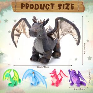 HyDren 5 Pcs Dragon Plush Stuffed Animal 16 Inch Giant Mommy Dragon Plush with 4 Pcs Babies Dragons in Zippered Belly for Kids Birthday Children's Day Gifts Dragon Plush Toy Classroom Prizes