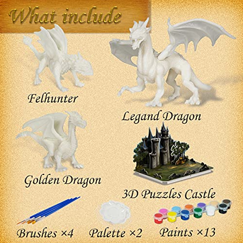 Kids Arts Crafts Set - Dragon Toys Painting Kit with 3 Dragons Figurines and 3D Jigsaw Puzzle Castle, Best Tween Paint Gift to Create Own Powerful Dragon