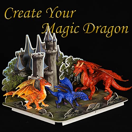 Kids Arts Crafts Set - Dragon Toys Painting Kit with 3 Dragons Figurines and 3D Jigsaw Puzzle Castle, Best Tween Paint Gift to Create Own Powerful Dragon