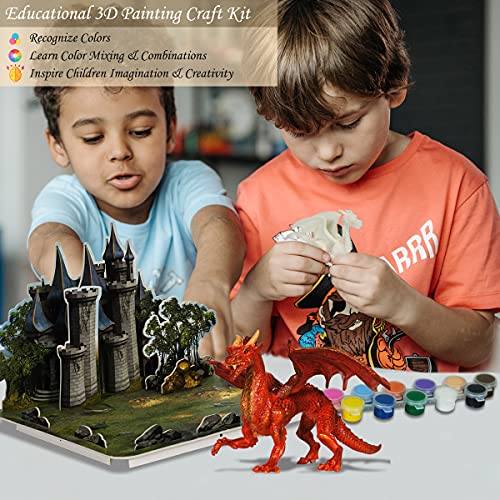 Kids Arts Crafts Set - Dragon Toys Painting Kit with 3 Dragons Figurines and 3D Jigsaw Puzzle Castle, Best Tween Paint Gift to Create Own Powerful Dragon