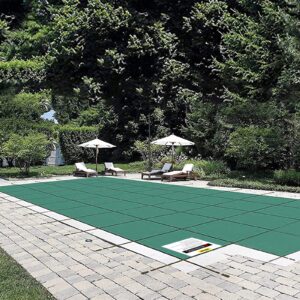 happybuy pool safety cover, fits 16x32ft rectangular inground winter swimming pools, with 4x8ft center end step, triple stitched, high strength mesh pp, great rain permeability, installation hardware