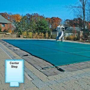 gli secur-a-pool 16 ft x 32 ft rectangular mesh safety cover system with 4 ft x 8 ft center end step, green