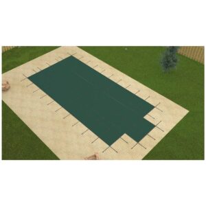 16 x 32 ft. rectangular green solid safety cover with center end step