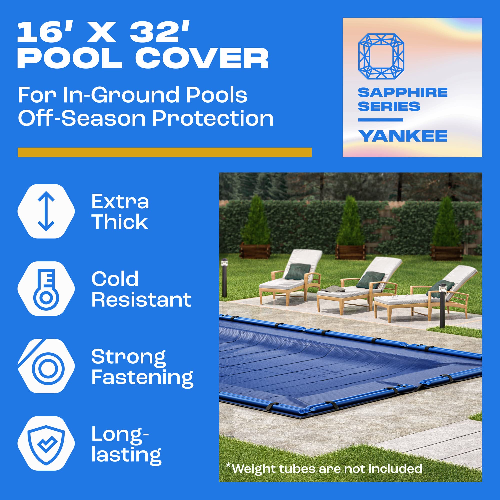 Pool Cover for 16x32 ft Rectangular Pool: Extra Thick & Durable Inground Pool Cover |Sapphire Series of Premium Cold- and UV-Resistant Pool Cover | In-Ground Pool Protection | by Yankee