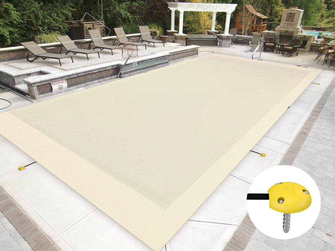 Coarbor 14'x24' Winter Pool Safety Cover Rectangle Mesh Pool Cover Durable Inground Safety Pool Cover for Inground Swimming Pool, Beige