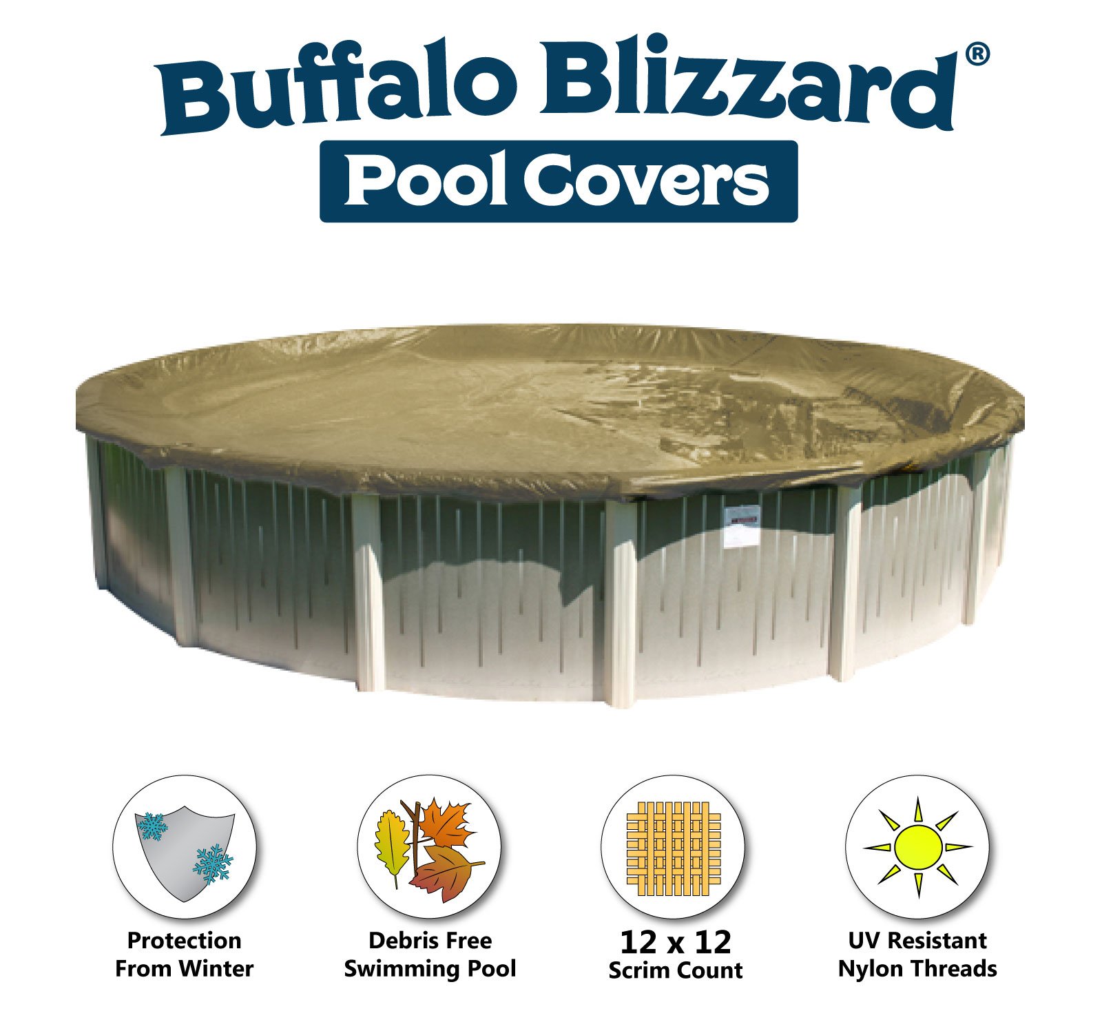 Buffalo Blizzard Supreme Plus Winter Cover for 28' Foot Round above-Ground Swimming Pools | Tan/Silver Reversible | All Covers Include 4' Feet of Overlap for Secure Installation to Measure 32' Feet