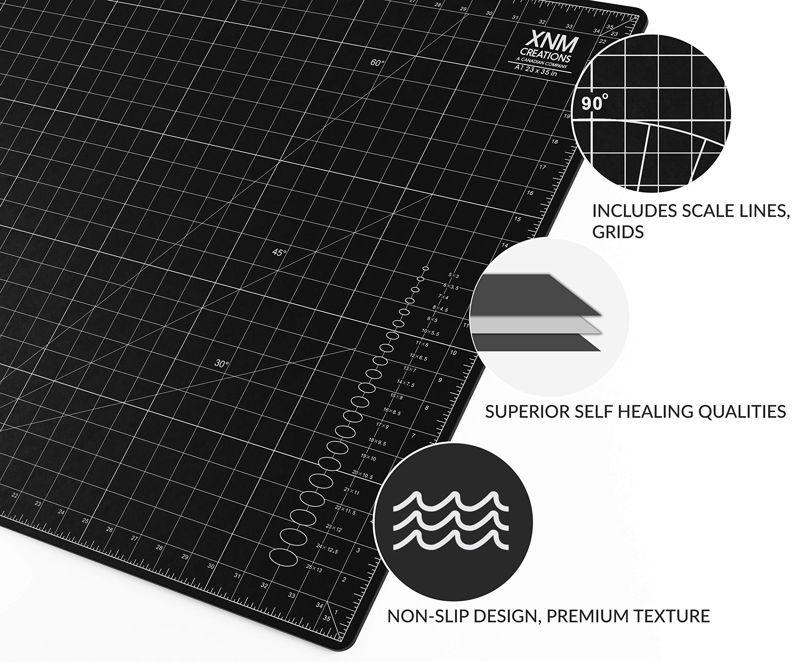 XNM Creations Premium Self Healing Cutting Mat - 24 Inches by 36 inches - A1, 3 Layer Quality PVC Construction - Dual Sided, Imperial and Metric Grid Lines - Perfect for Cutting, Sewing, and Crafts