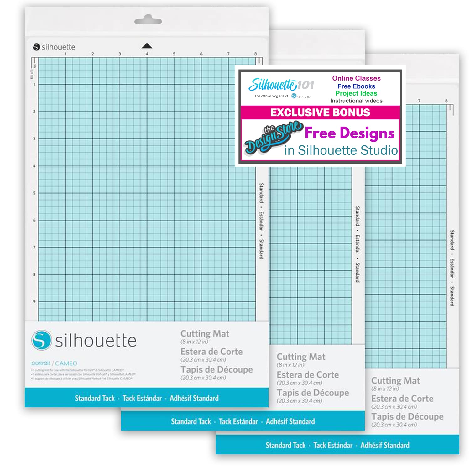 Silhouette Standard 8 inch Cutting mat 3 Pack for use with Portrait series Vinyl Cutters with 50 Bonus Designs