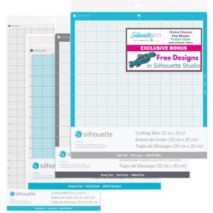 silhouette cameo 4 mat variety pack includes (1) 24 inch mat, (1) 12 inch standard mat,(1) 12 inch strong mat, (1) 12 inch light hold mat and free bonus designs