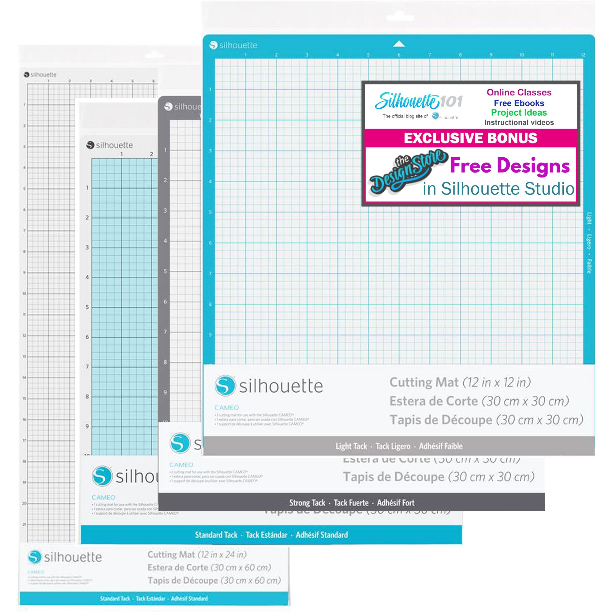 Silhouette Cameo 4 Mat Variety Pack Includes (1) 24 inch mat, (1) 12 inch Standard Mat,(1) 12 inch Strong Mat, (1) 12 inch Light Hold Mat and Free Bonus Designs