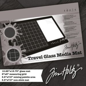 Tim Holtz Travel Glass Cutting Mat - Portable Work Surface with 8x8 Measuring Grid and Palette for Mixed Media - Art Supplies with Carry Case