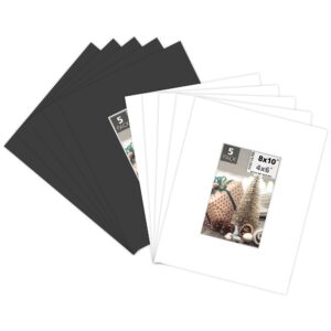 mat board center, 10 pack pre-cut 8x10 picture mats for 4x6 photos/prints - acid free, bevel cut, white core, 4-ply thickness (white & black)