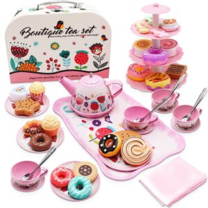 44pcs tea set for little girls, princess tea time toys playset- teapot dishes dessert & carrying case, kitchen pretend play tin tea party set gifts for kids toddlers toy (flower desgin)