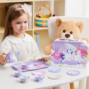 JOYIN Unicorn Tea Party Set for Little Girls, Pretend Purple Tin Teapot Set, Princess Tea Time Play Kitchen Toy with Teapot, Cup, Plate, Carrying Case for Birthday Easter Gift Kids Toddler Age 3 4 5 6