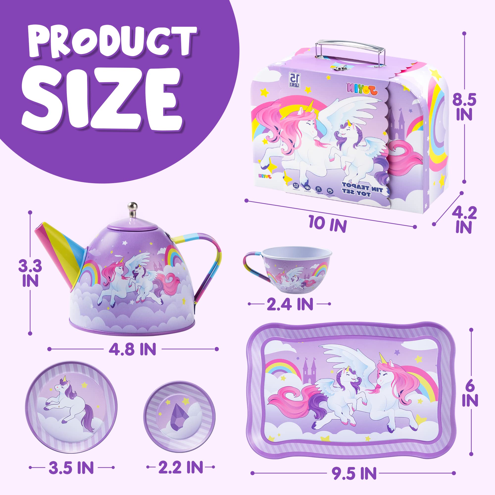 JOYIN Unicorn Tea Party Set for Little Girls, Pretend Purple Tin Teapot Set, Princess Tea Time Play Kitchen Toy with Teapot, Cup, Plate, Carrying Case for Birthday Easter Gift Kids Toddler Age 3 4 5 6