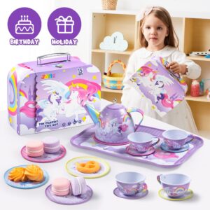 JOYIN Unicorn Tea Party Set for Little Girls, Pretend Purple Tin Teapot Set, Princess Tea Time Play Kitchen Toy with Teapot, Cup, Plate, Carrying Case for Birthday Easter Gift Kids Toddler Age 3 4 5 6